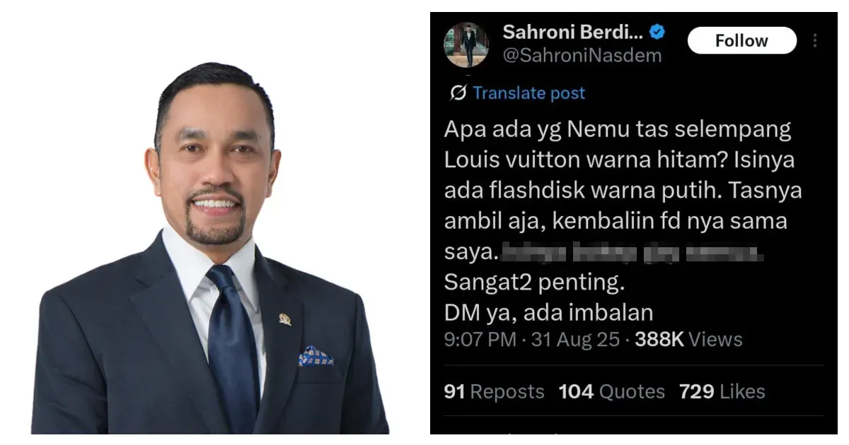 Viral! Beredar Cuitan Ahmad Sahroni Minta Warga yang Temukan Flashdisk ...